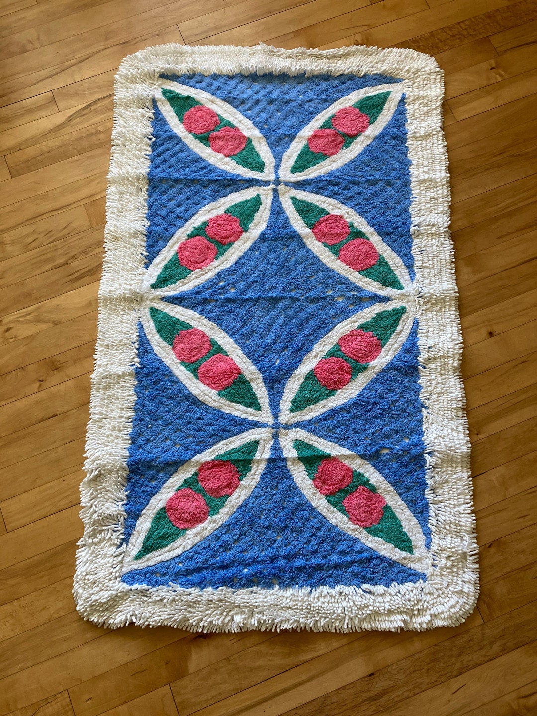 Large Vintage Chenille RUG - White With Blue Crosshatch and Hot Pink ...