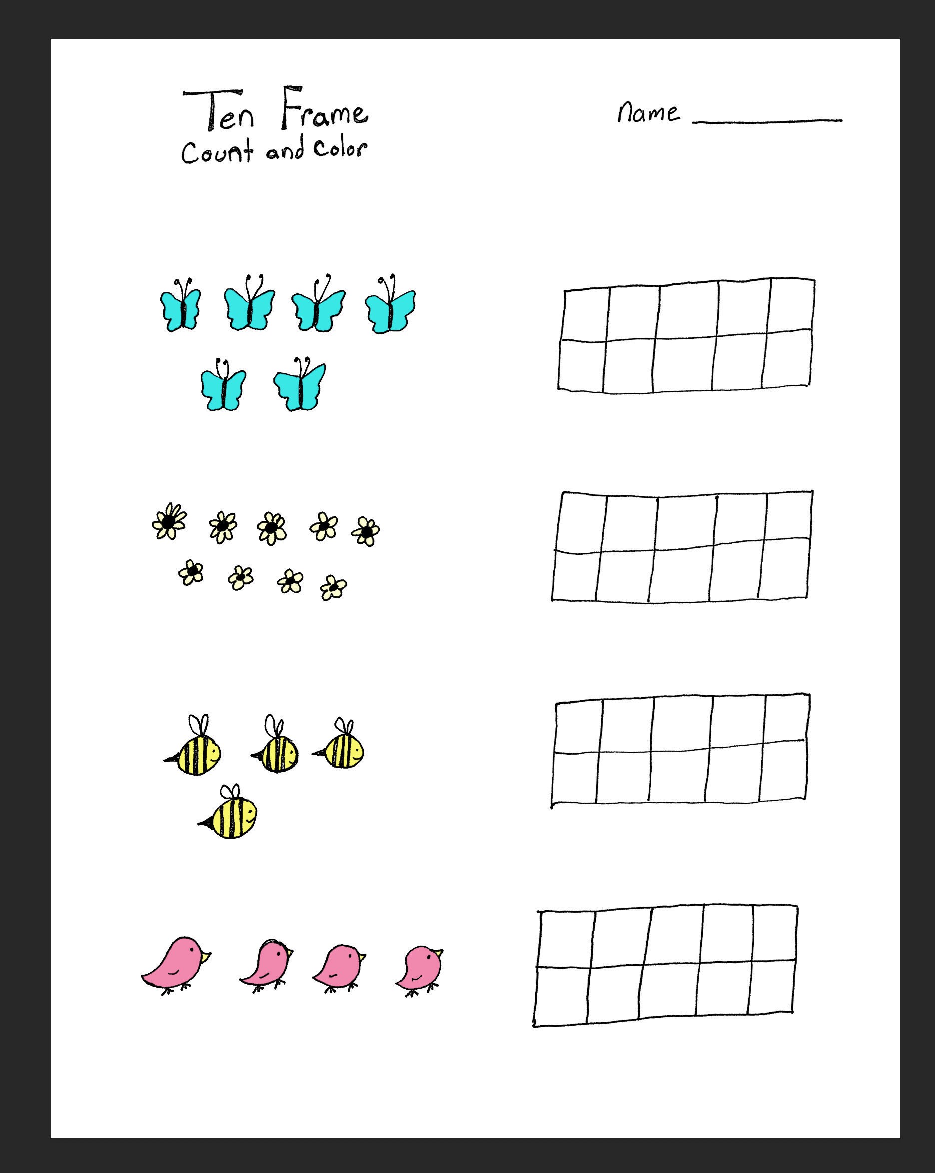 TEN FRAME Count & Color Kindergarten Preschool Math Spring Theme Color ...