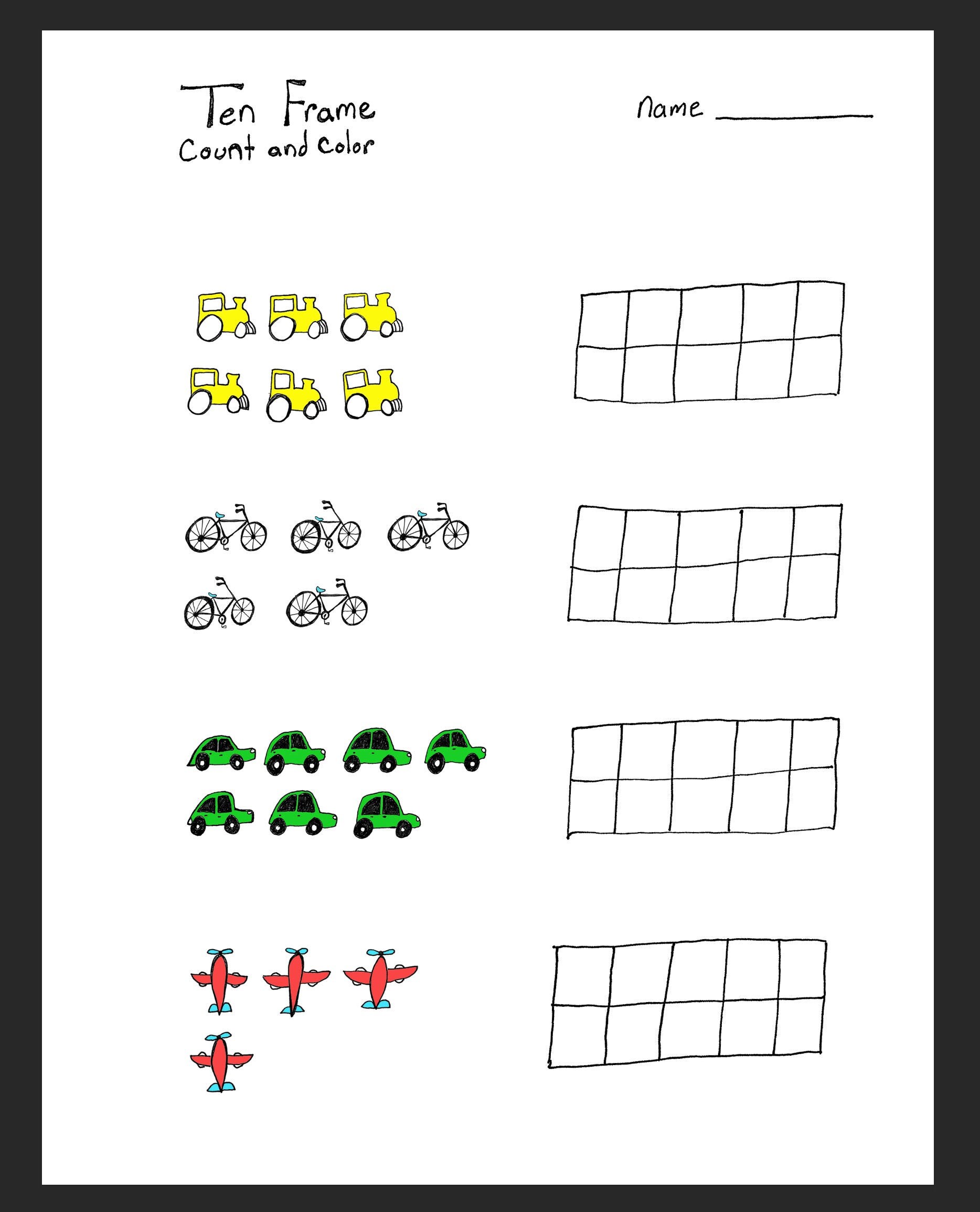 TEN FRAME Count & Color Math Kindergarten Preschool Transportation ...