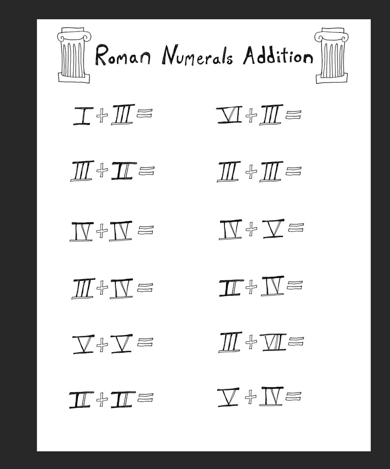 ROMAN NUMERALS Addition Up To Ten Worksheet Instant Download Etsy