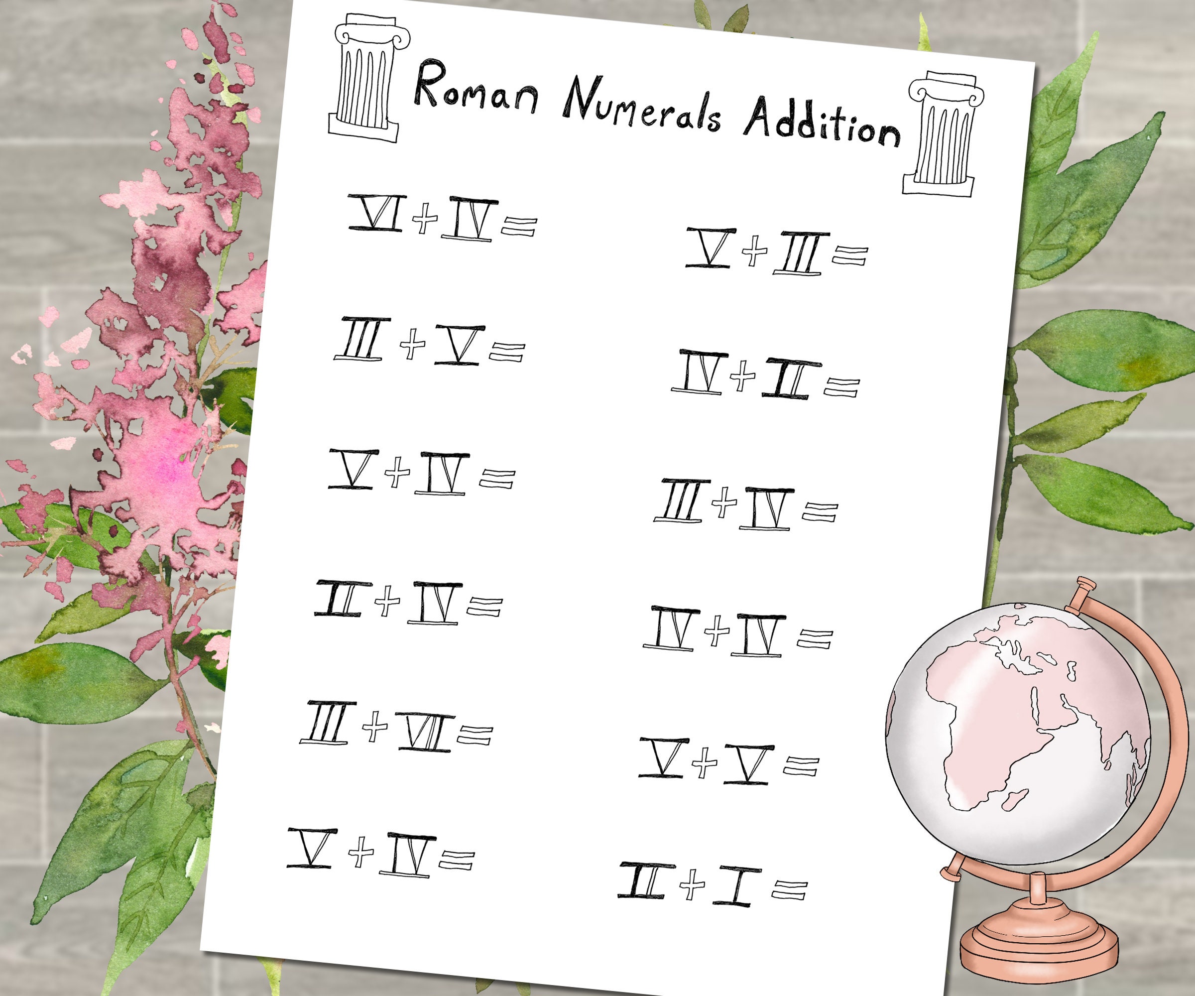 ROMAN NUMERALS MORE Addition up to Ten Worksheet, Instant Download ...