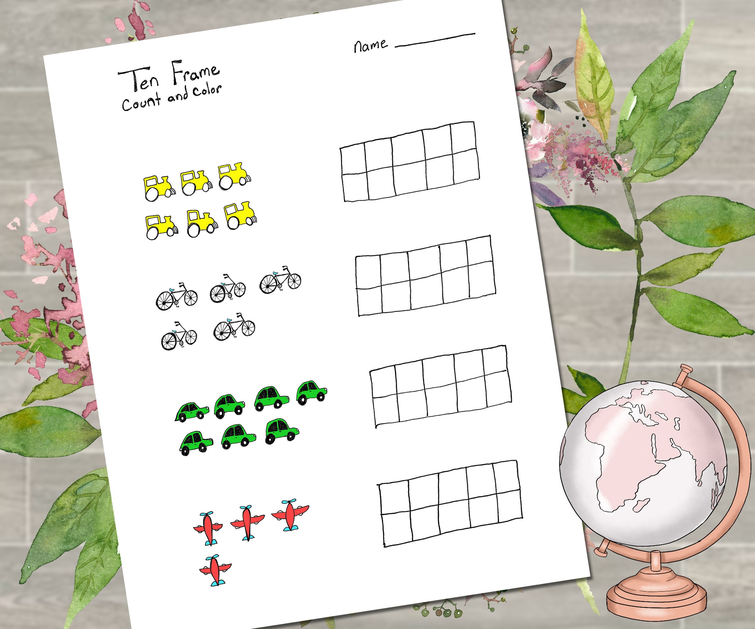 TEN FRAME Count & Color Math Kindergarten Preschool Transportation ...