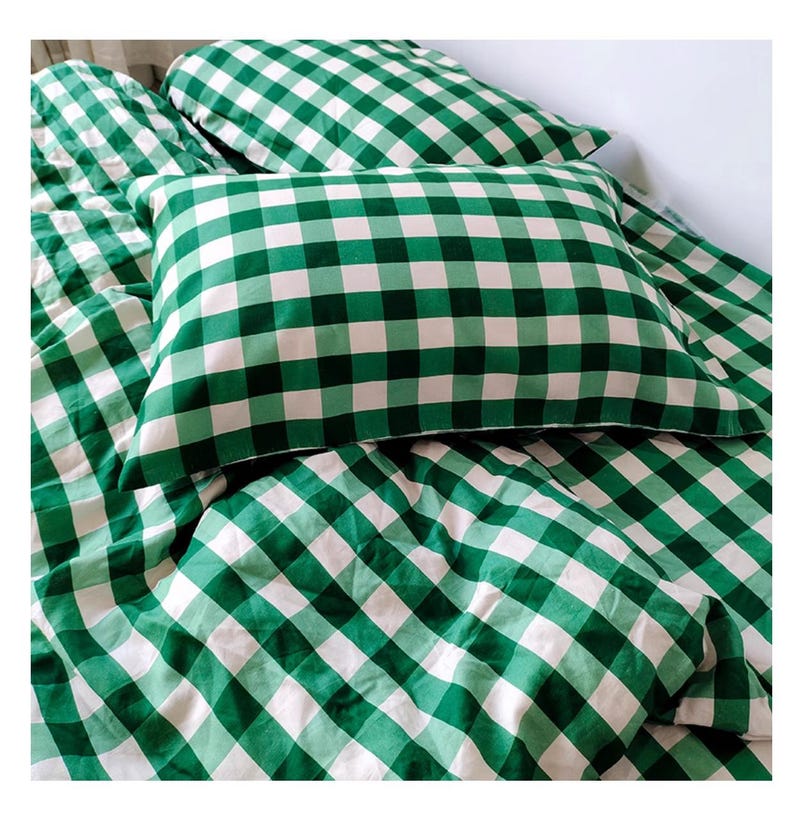 Green Check Linen Bedding Set, Checked Linen Quilt, Linen Bedding Set ...