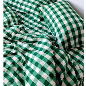 Green Check Linen Bedding Set, Checked Linen Quilt, Linen Bedding Set ...