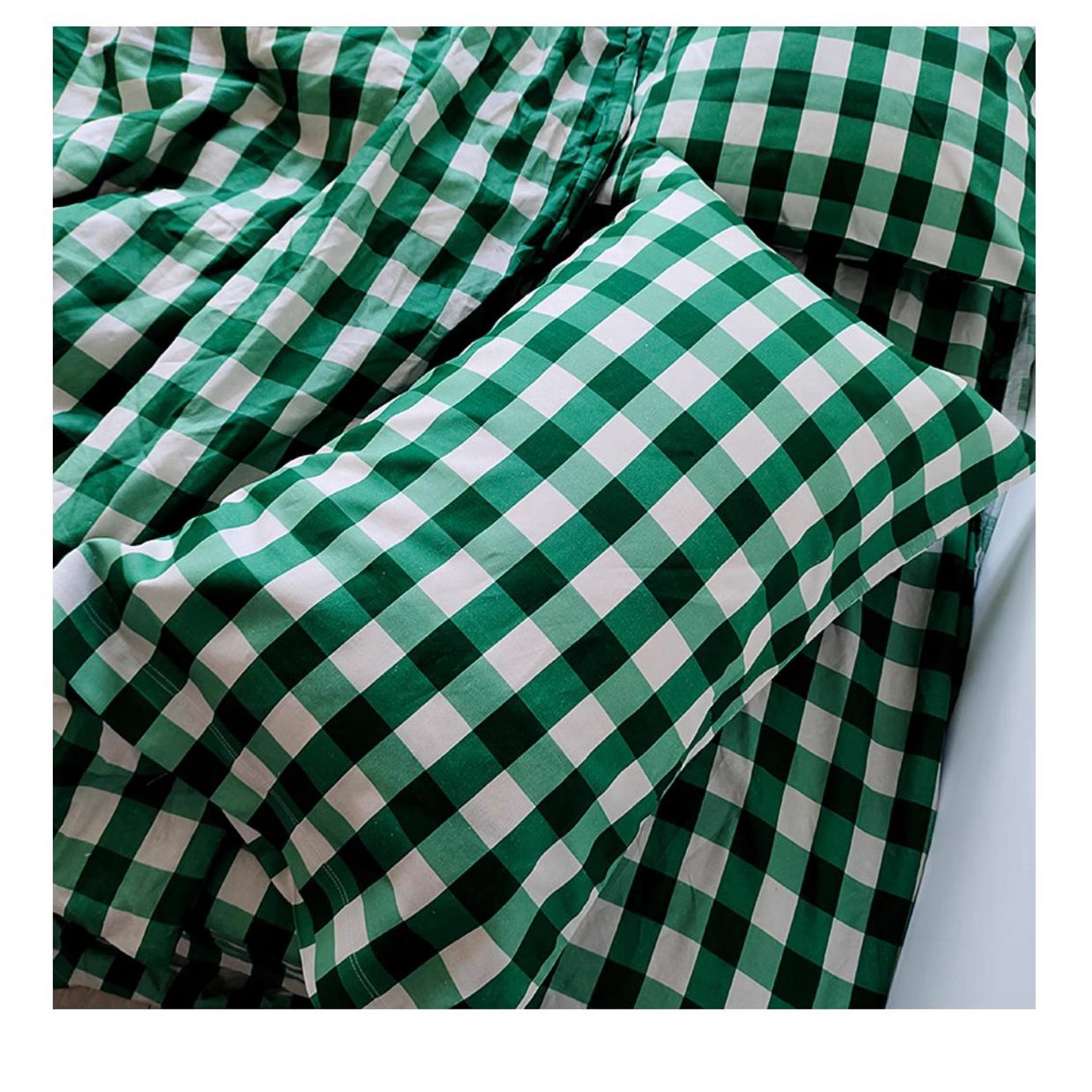 Green Check Linen Bedding Set, Checked Linen Quilt, Linen Bedding Set ...
