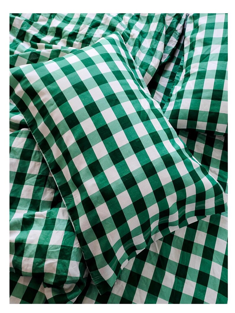 Green Check Linen Bedding Set, Checked Linen Quilt, Linen Bedding Set ...