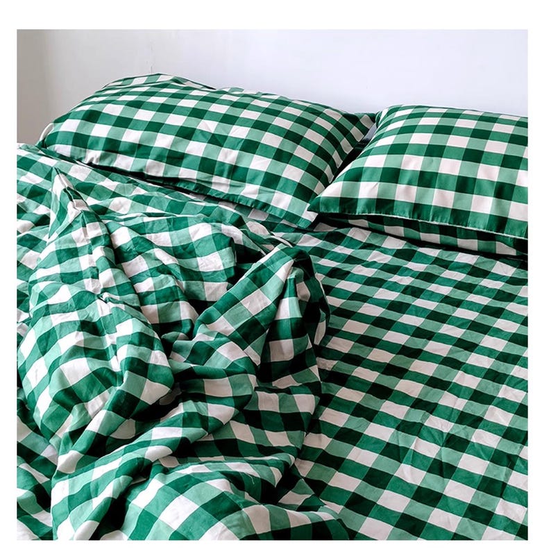 Green Check Linen Bedding Set, Checked Linen Quilt, Linen Bedding Set ...