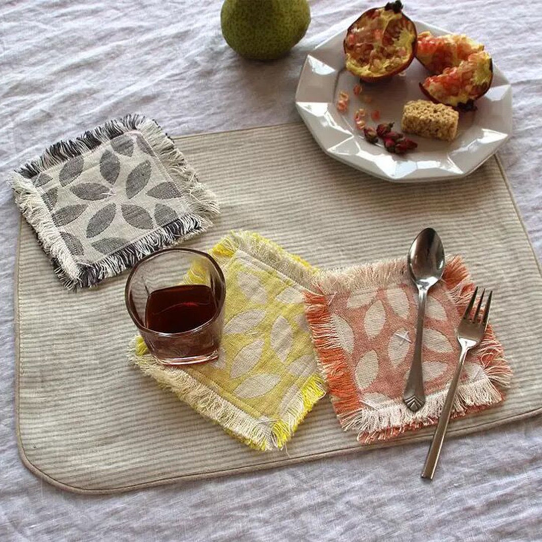 Set of 2 Handmade Linen Coasters With Tassels, Small Square Quilted Cup ...