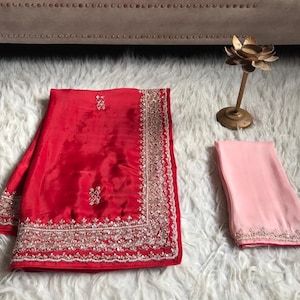 Red Embroidered Zardosi Saree Bridal Saree - Etsy