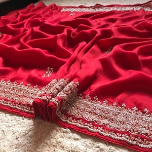 Red Embroidered Zardosi Saree Bridal Saree - Etsy
