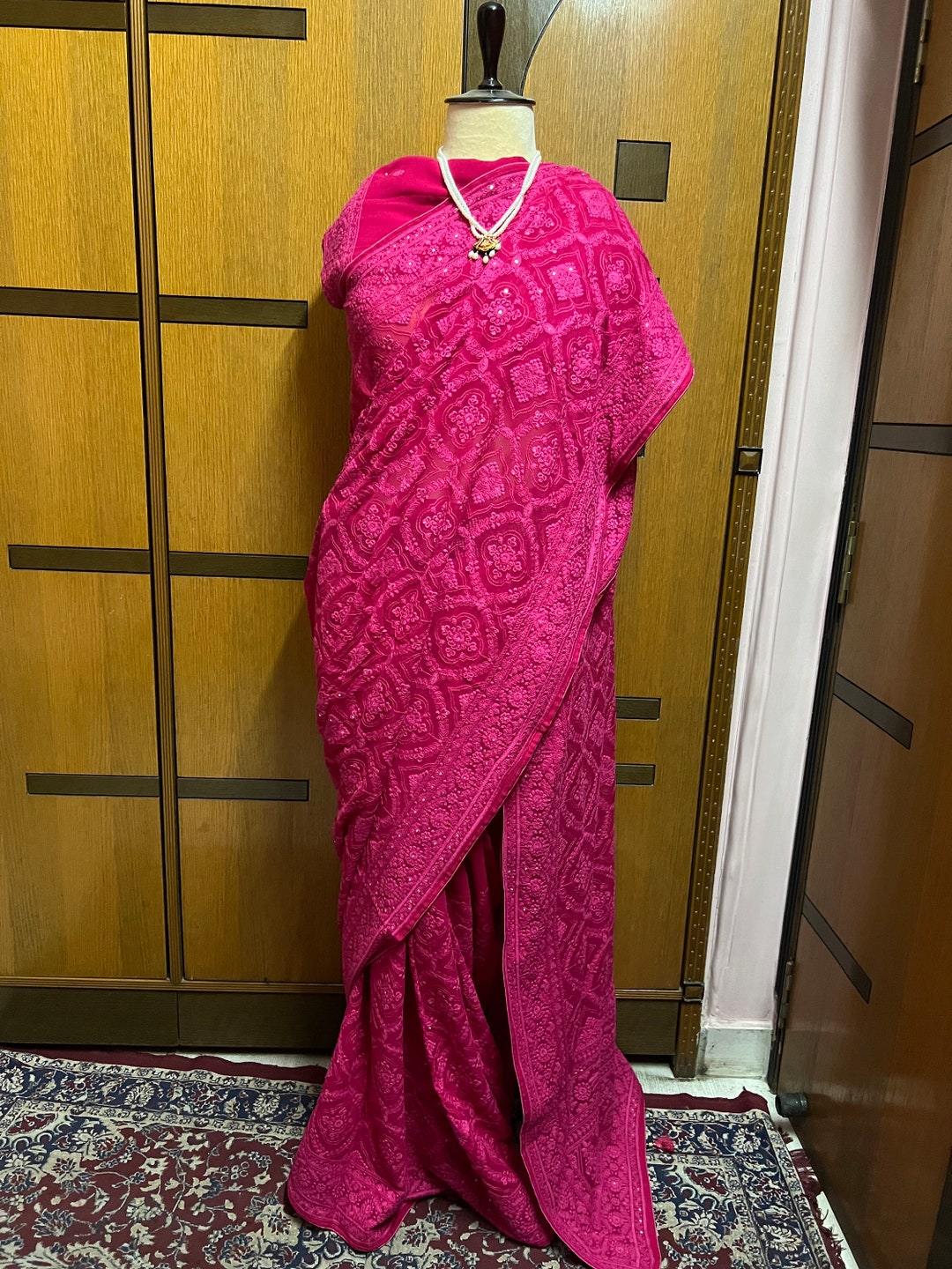 Hot Pink Chikankari Saree Gorgette Sarees Indian Sari - Etsy