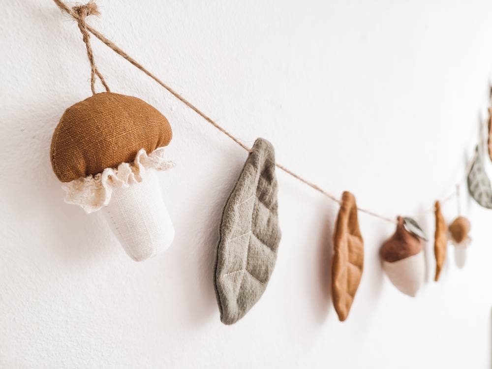 Linen Forest Garland | Autumn Decoration | Leaf, Acorn, Mushroom | Fall ...