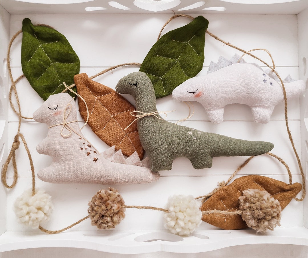 Linen Garland With Dinosaurs and Leaves | Handmade Nursery Wall ...