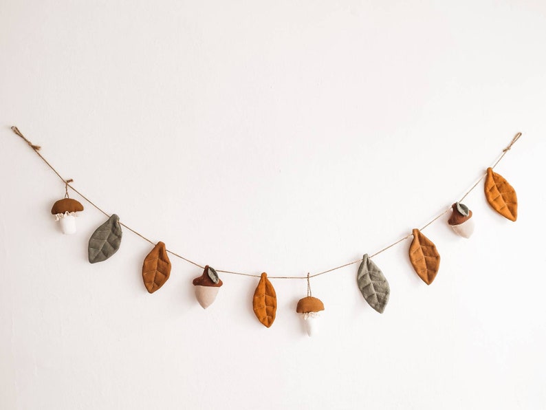 Linen Forest Garland | Autumn Decoration | Leaf, Acorn, Mushroom | Fall ...