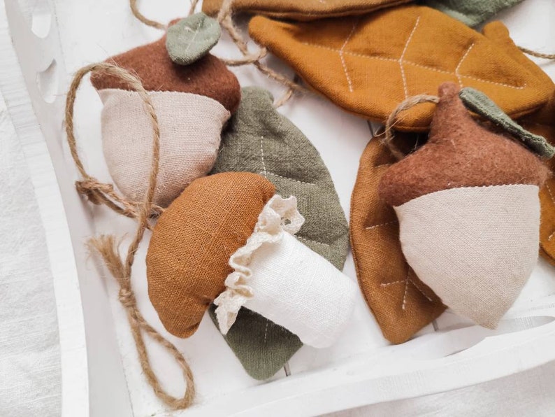 Linen Forest Garland | Autumn Decoration | Leaf, Acorn, Mushroom | Fall ...