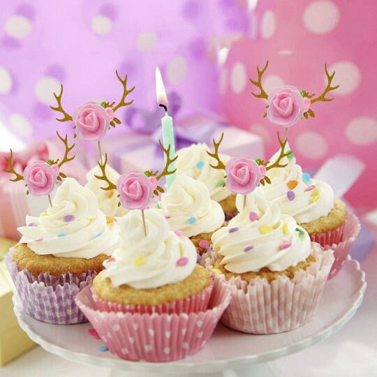 Deer Cupcake Topper, Flower Cupcake Decorations, Baby Shower Girl 1st ...