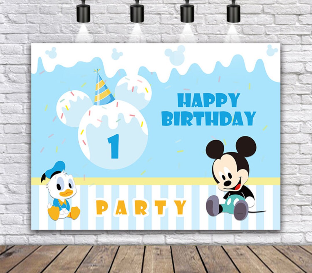Mickey Birthday Birthday Backdrop, Blue Mickey Birthday Banner, Baby ...