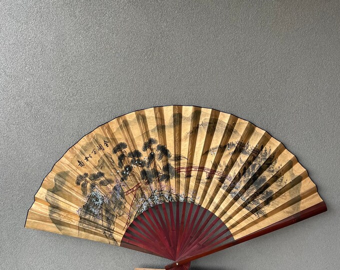 Hand Painted Gold Wall Fan, Large Chinese Fan, Gallery Wall, Bohemian ...