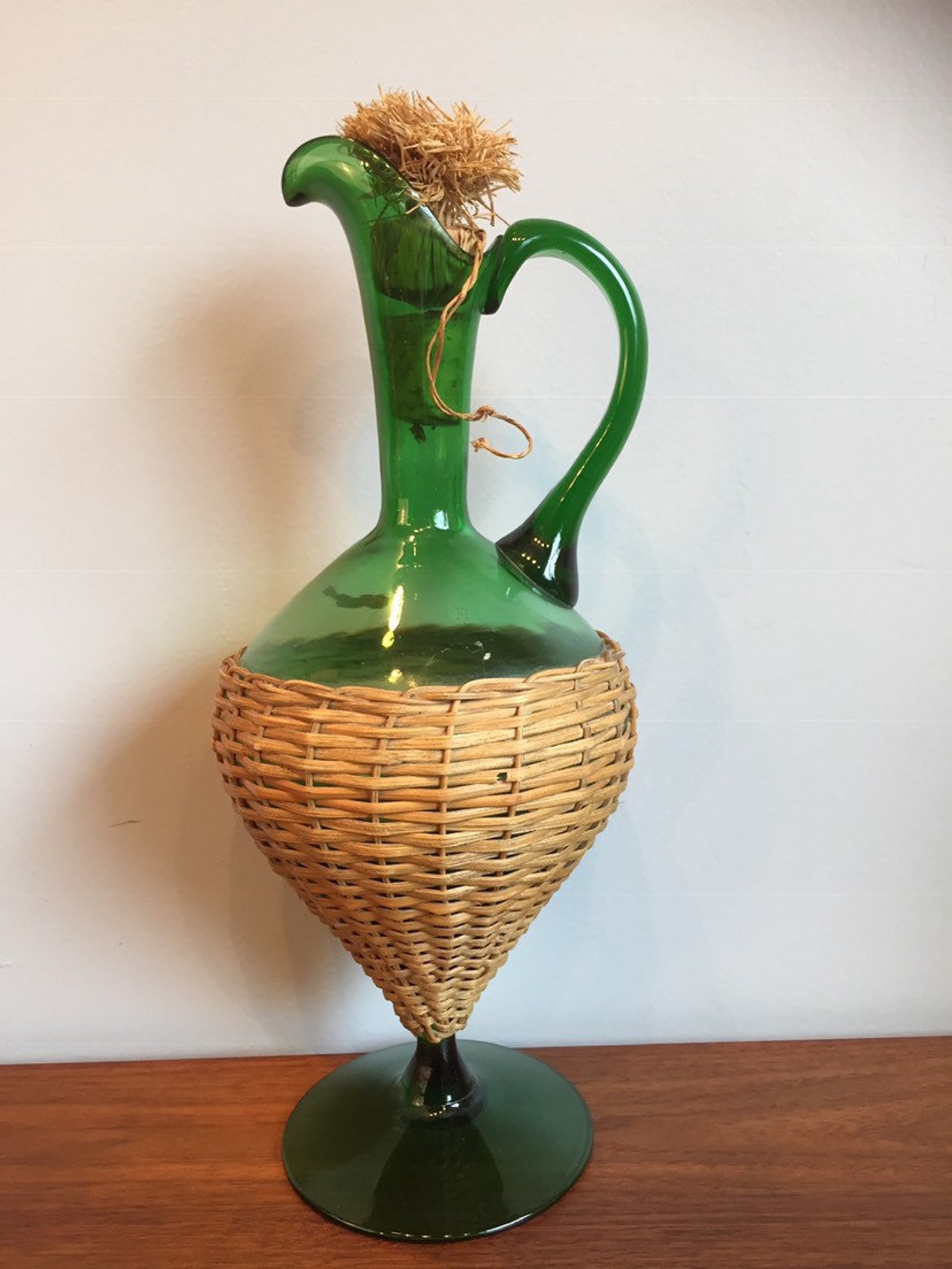 Vintage Italian Wine Jug Mid Century Modern Green Glass - Etsy