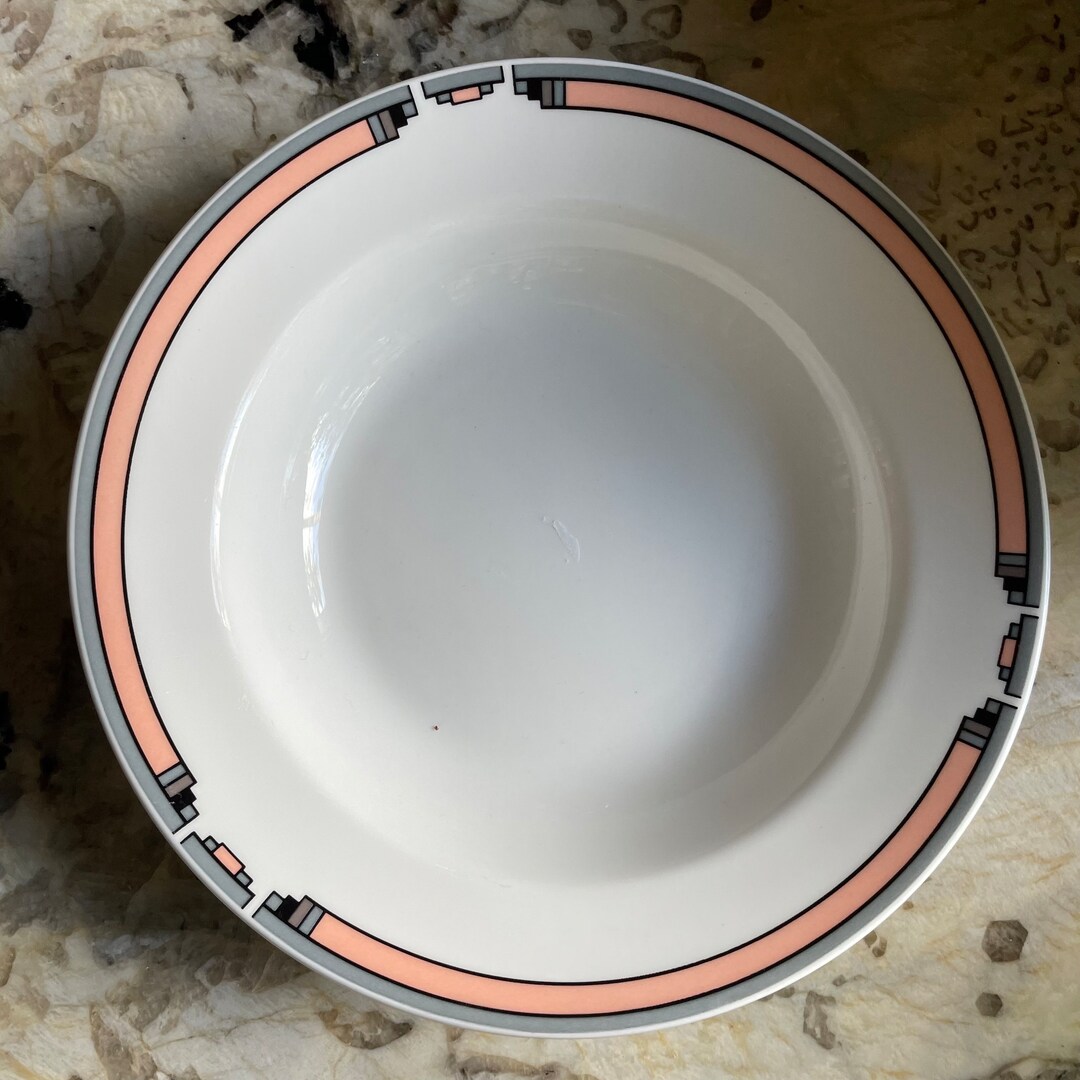 Art Deco Plates, Dudson China, Peach, Blue, White, Black, Gray, Soup ...
