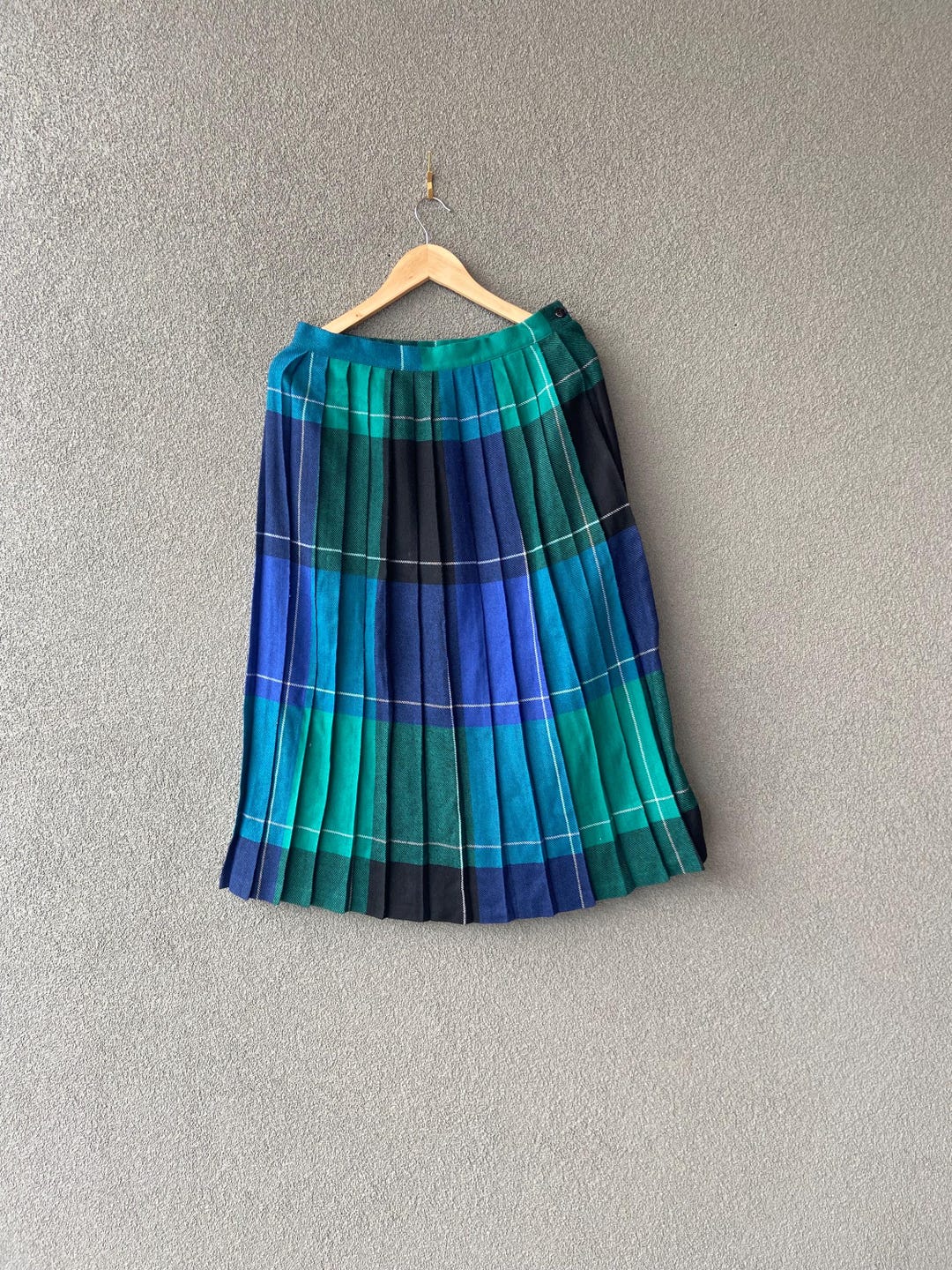 Wool Plaid Pleated Skirt, Midi Skirt, Green Blue White Black Tartan ...