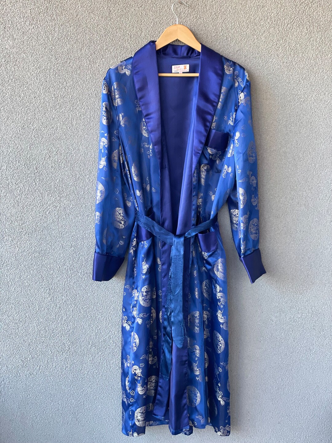 Blue Satin Kimono Robe, Large Smoking Lounge Robe, Vintage Dragon Robe ...