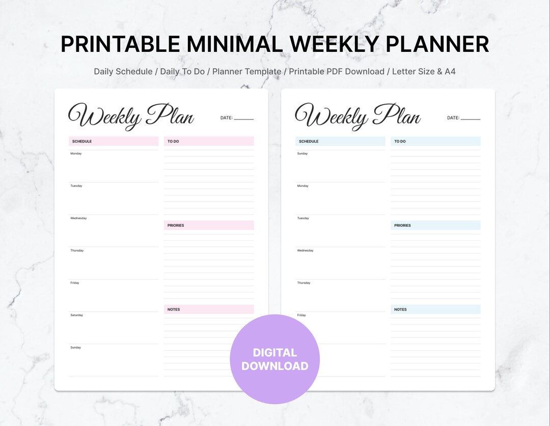 Printable Digital Weekly Planner, Schedule Agenda Template ...