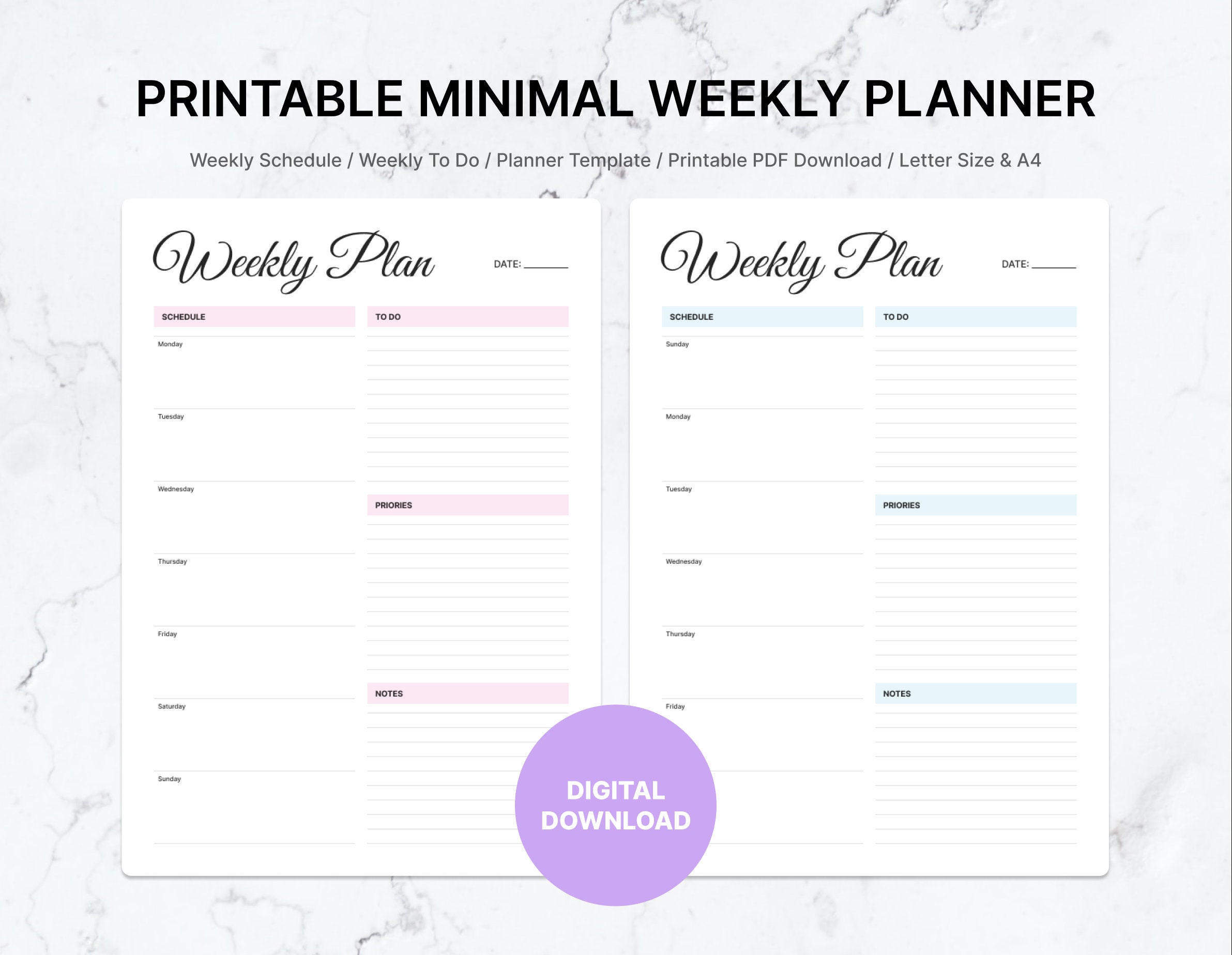 Printable Digital Weekly Planner, Schedule Agenda Template ...