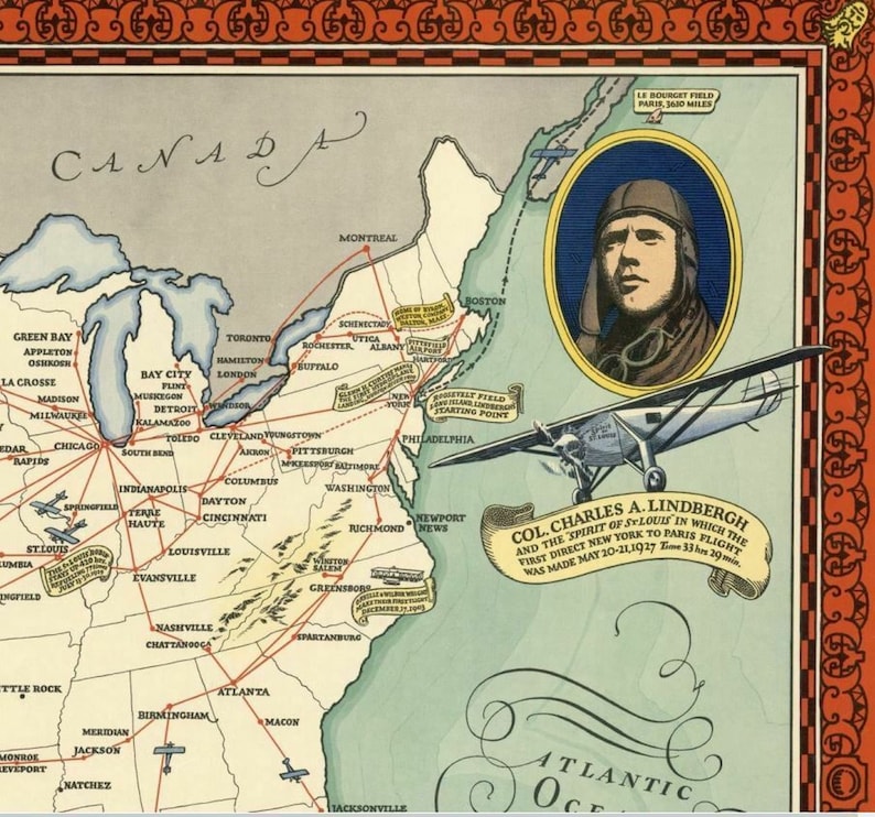 16x20 1930 Wright Brothers Aviation Poster Map Charles | Etsy