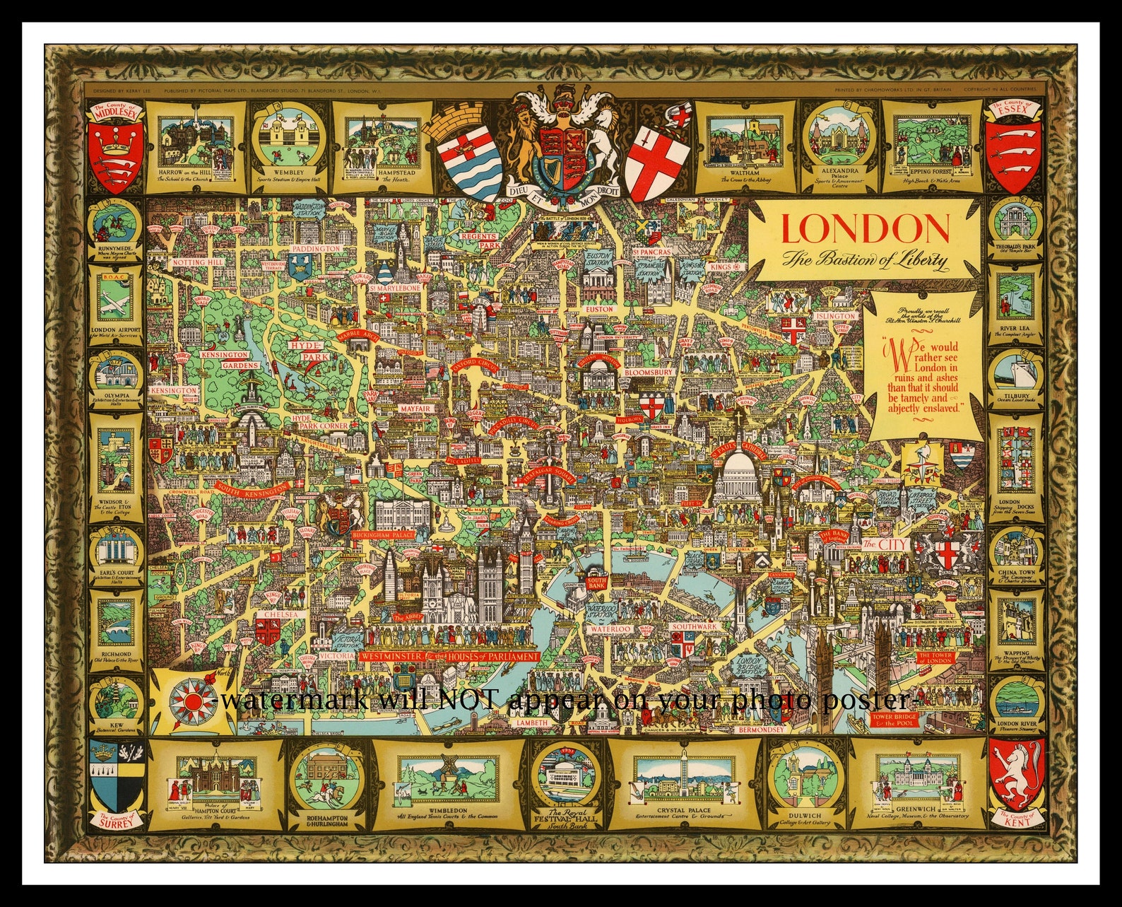 16x20 London England City Map POSTER Photo Vintage Wall Art Print 1951 ...