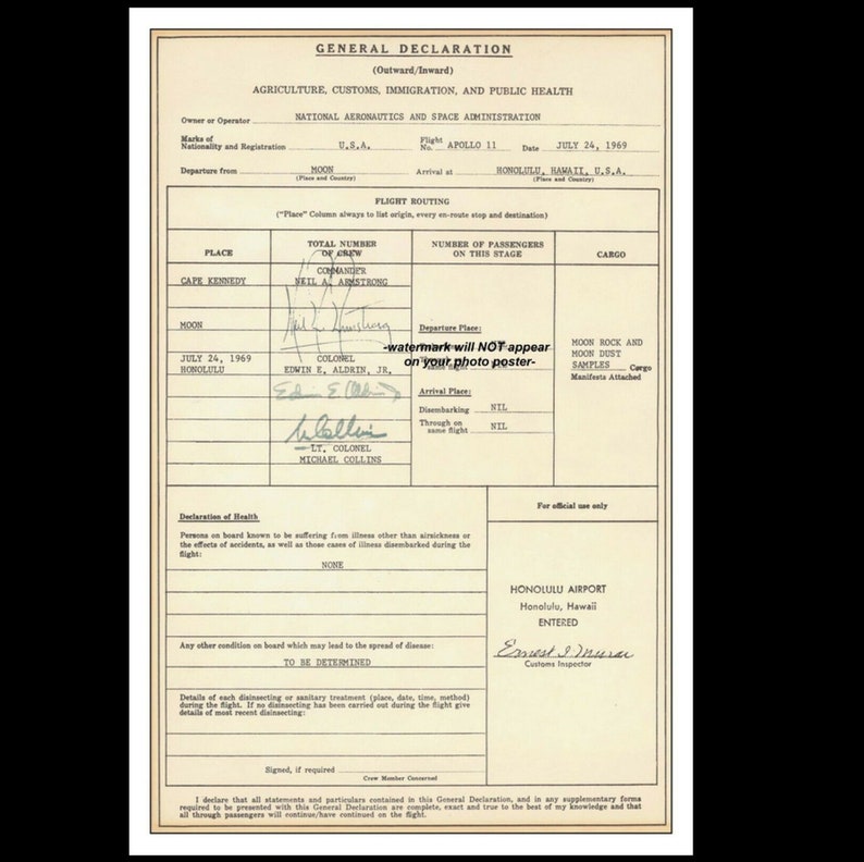 8x12 Apollo 11 Crew PHOTO POSTER Rare Customs Form Shows - Etsy