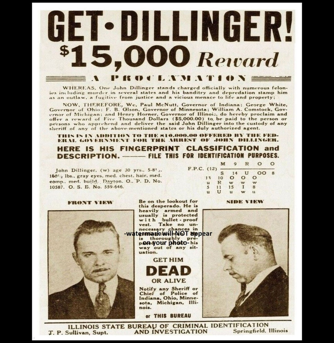 8x10 John Dillinger Wanted Poster PHOTO Gangster Prohibition Era ...