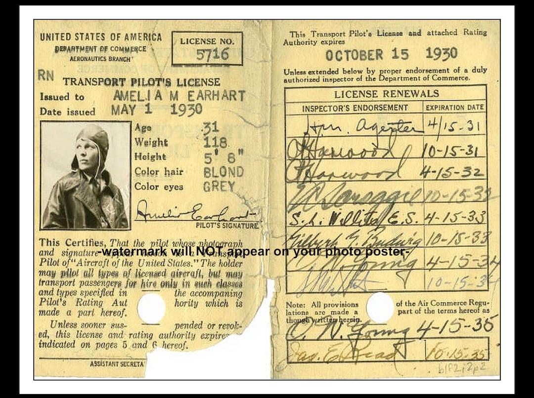 11x14 1930 Amelia Earhart Pilot's License Poster Photo,no Joke ...