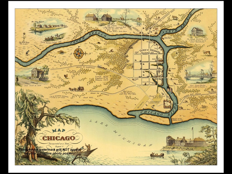 16x20 1833 Chicago Map PHOTO Poster Chicago Illinois Art Print - Etsy
