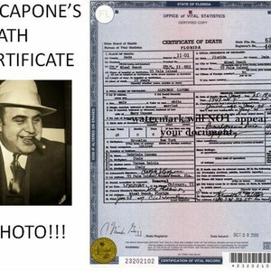 Al Capone Official DEATH CERTIFICATE = Photo, Chicago Prohibition ...