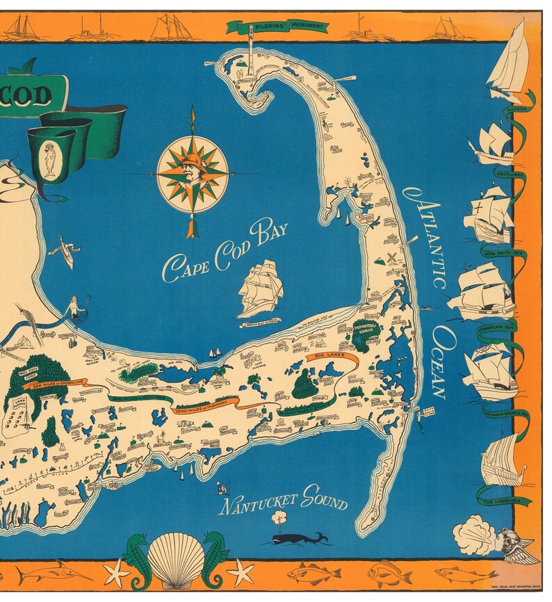 16x20 Cape Cod MAP PHOTO POSTER 1940 Art Deco Beach Ocean Island Print ...