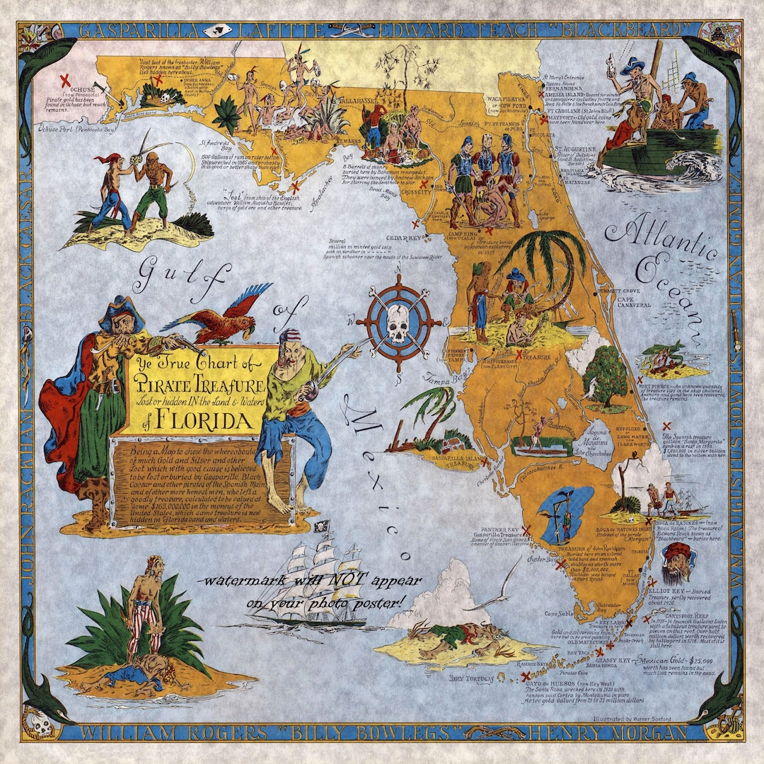 16x16 Florida Treasure Map POSTER Photo Pirate Treasure Hidden Sunken Caribbean - Etsy