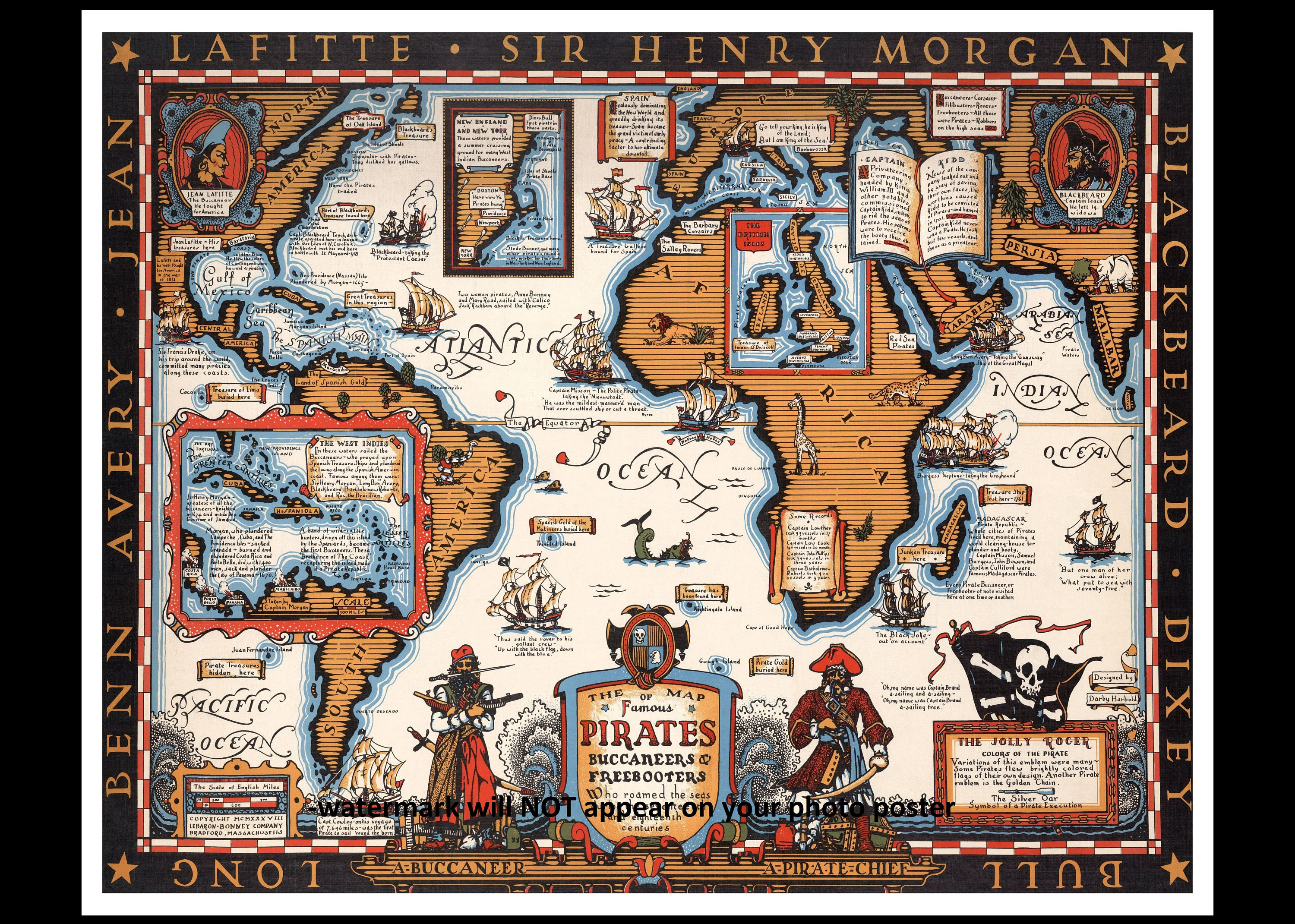 16x20 Pirates Map Poster PHOTO Blackbeard Ships Treasure World Pirates ...