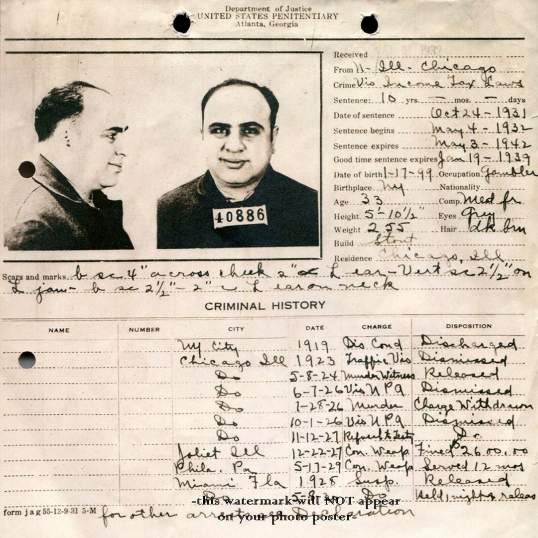 12x12 Gangster Al Capone Prison Record Poster PHOTO Atlanta Mug Shot ...