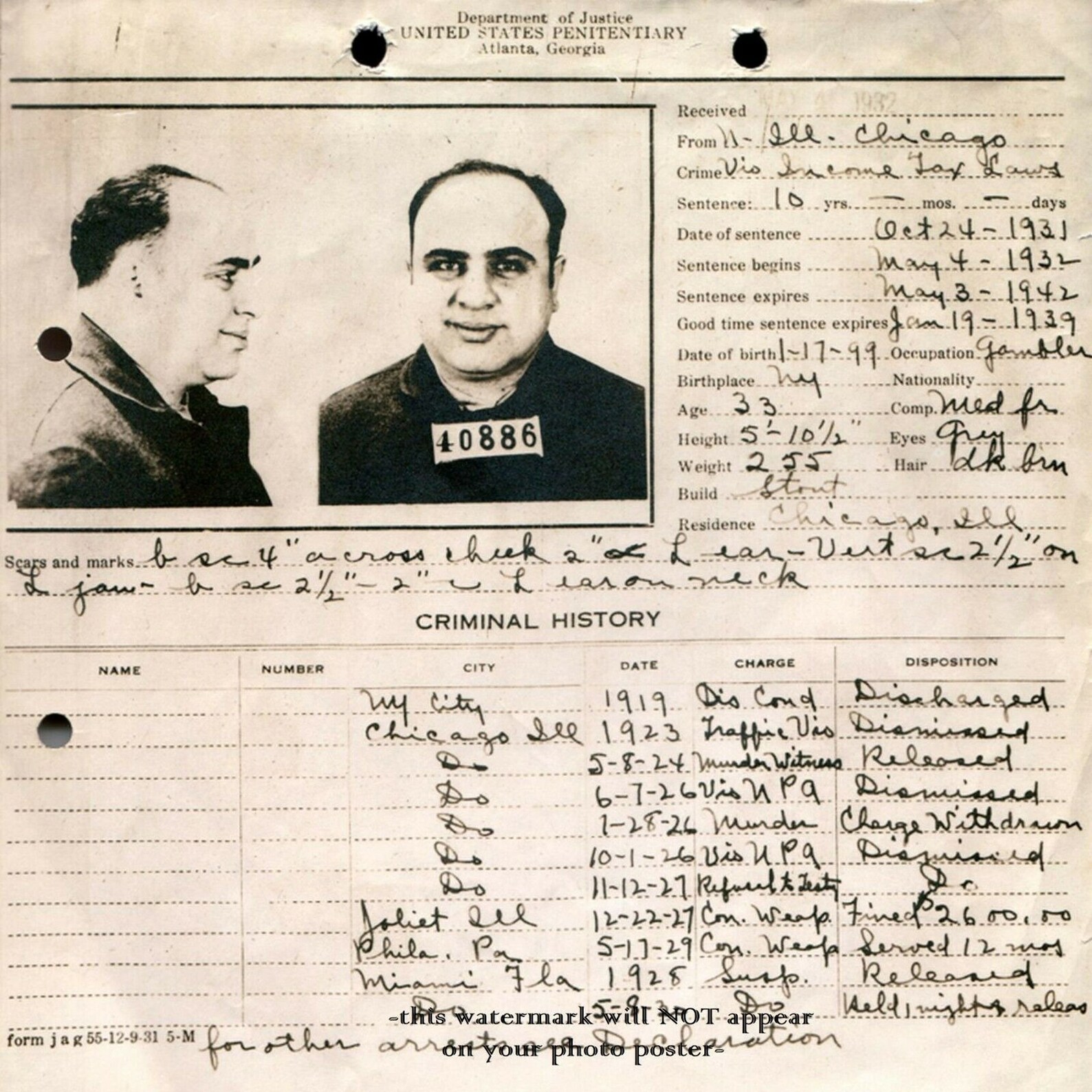 12x12 Gangster Al Capone Prison Record Poster PHOTO Atlanta Mug Shot ...