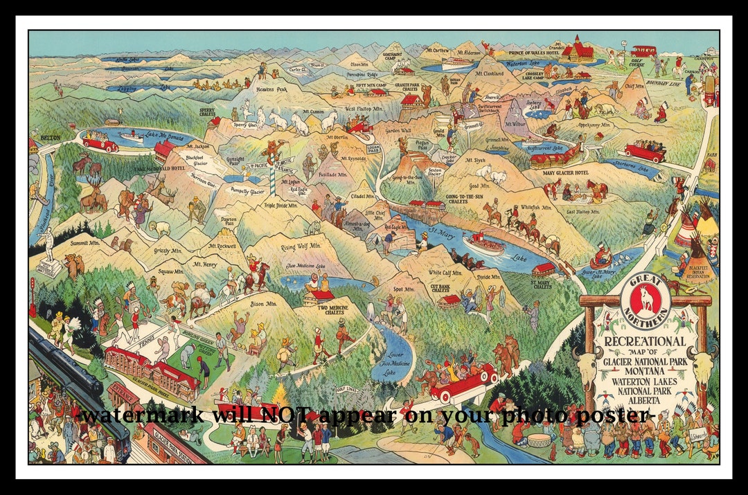 11x17 Glacier National Park Poster PHOTO Early Pictorial Map 1922 ...
