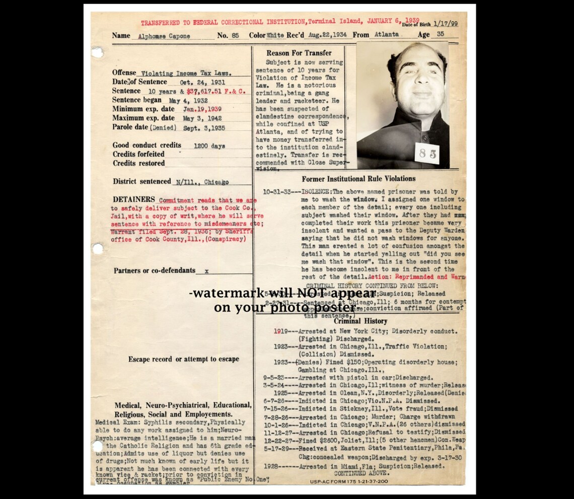 8x10 Al Capone Alcatraz PHOTO Inmate Prison File Gangster - Etsy