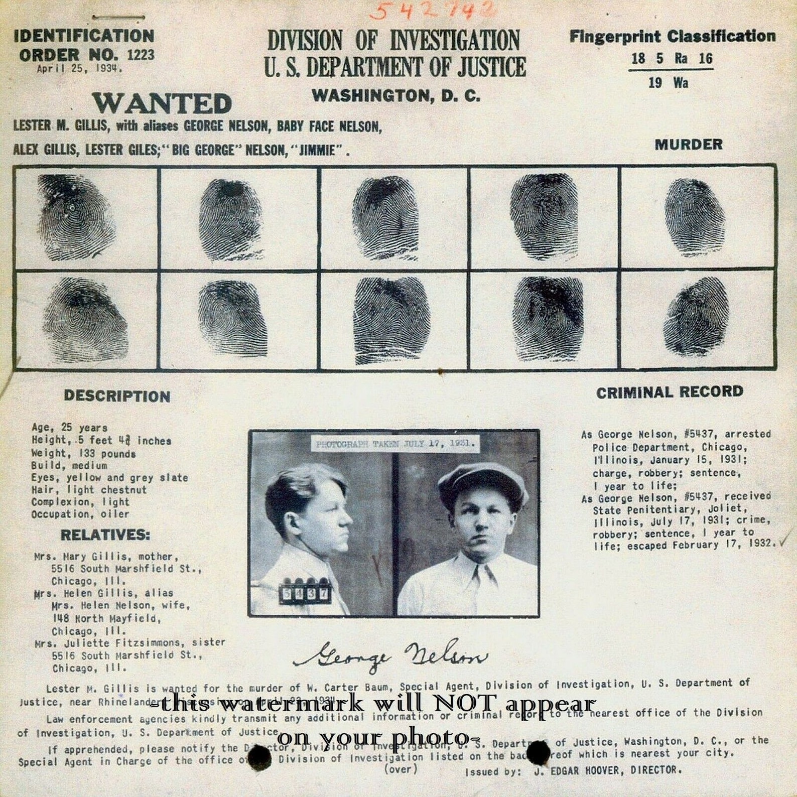 12x12 Gangster Baby Face Nelson Wanted Poster PHOTO Prison - Etsy