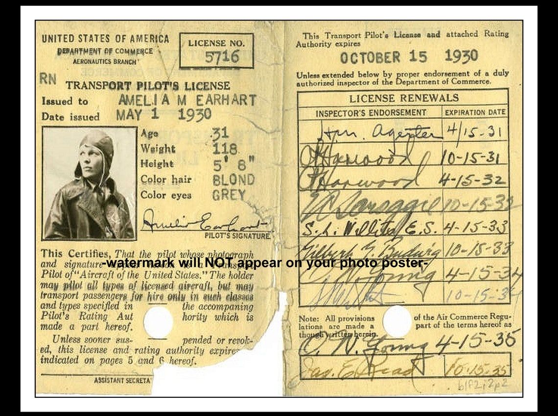11x14 1930 Amelia Earhart Pilot's License Poster Photono - Etsy