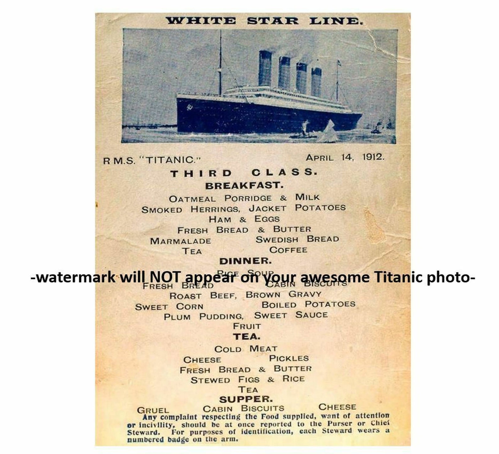 5x7 Titanic Menu PHOTO 3rd Class Dining Salon Menu on Night of Sinking ...
