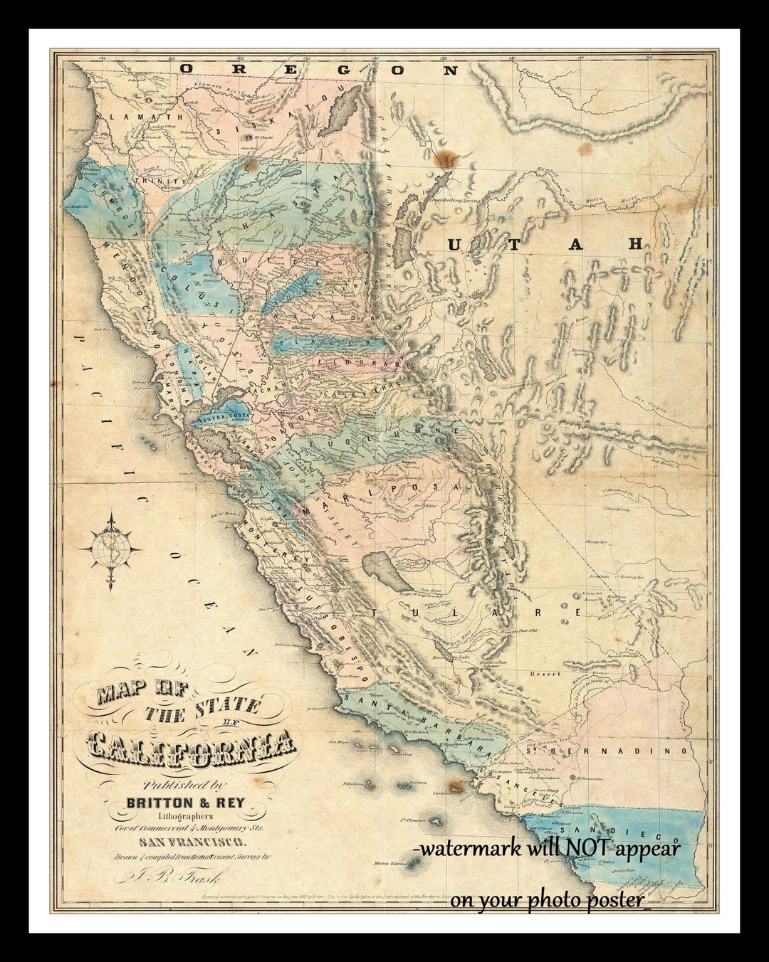 1853 California Gold Rush Map Poster Photo 11x14 Mining Mine Gold Fever ...