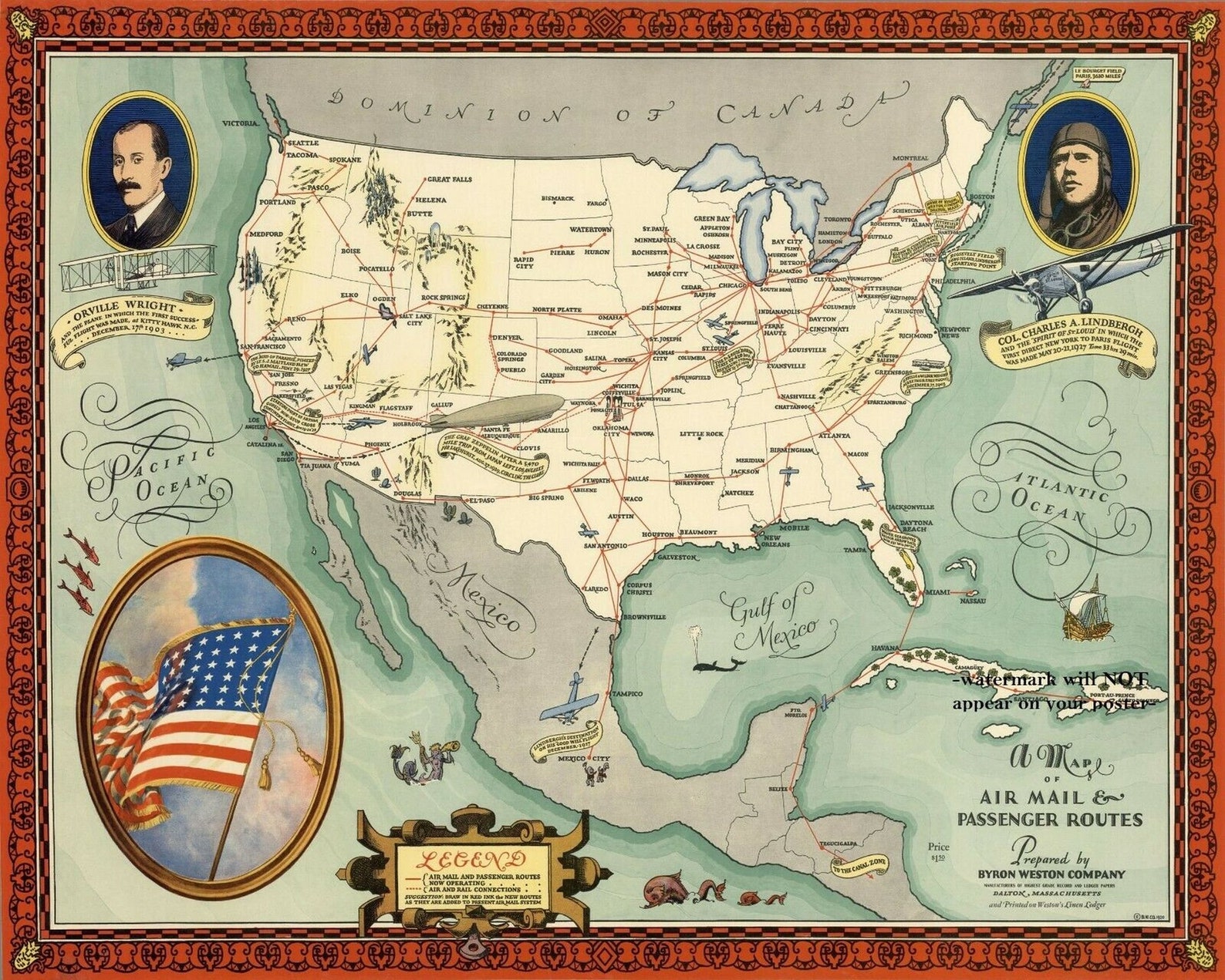 16x20 1930 Wright Brothers Aviation Poster Map Charles | Etsy