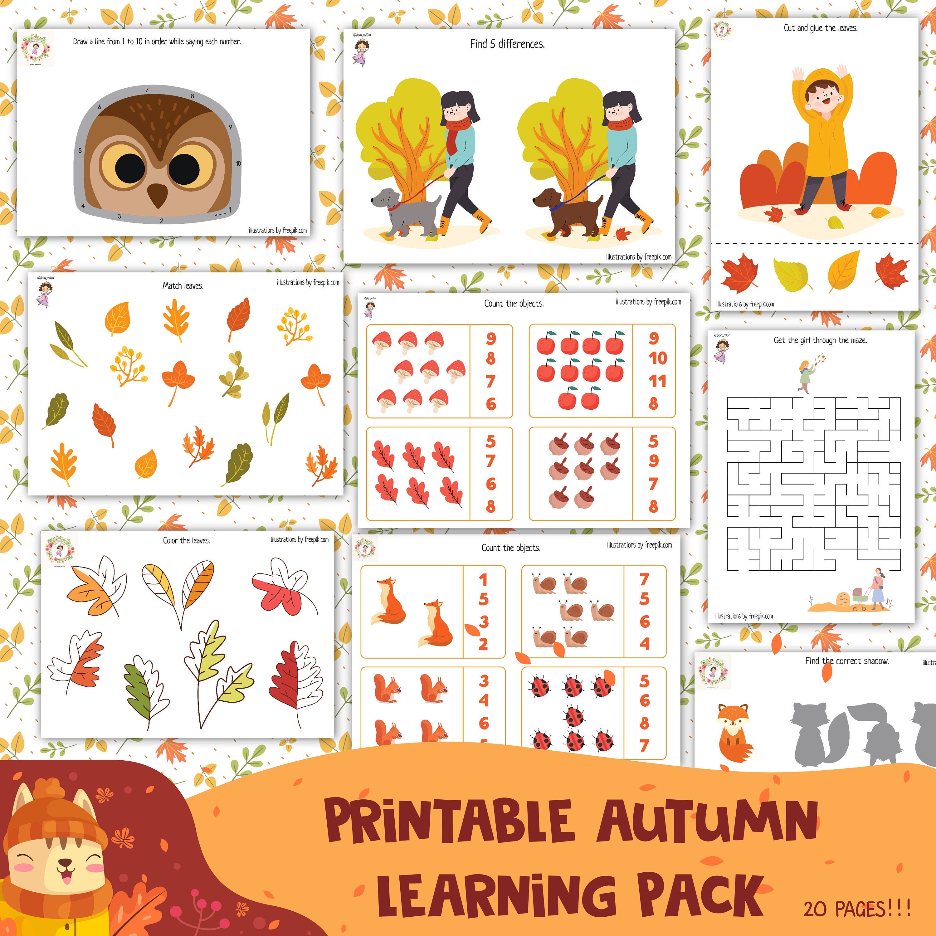 Printable autumn learning pack for kids. Preschool worksheet. | Etsy