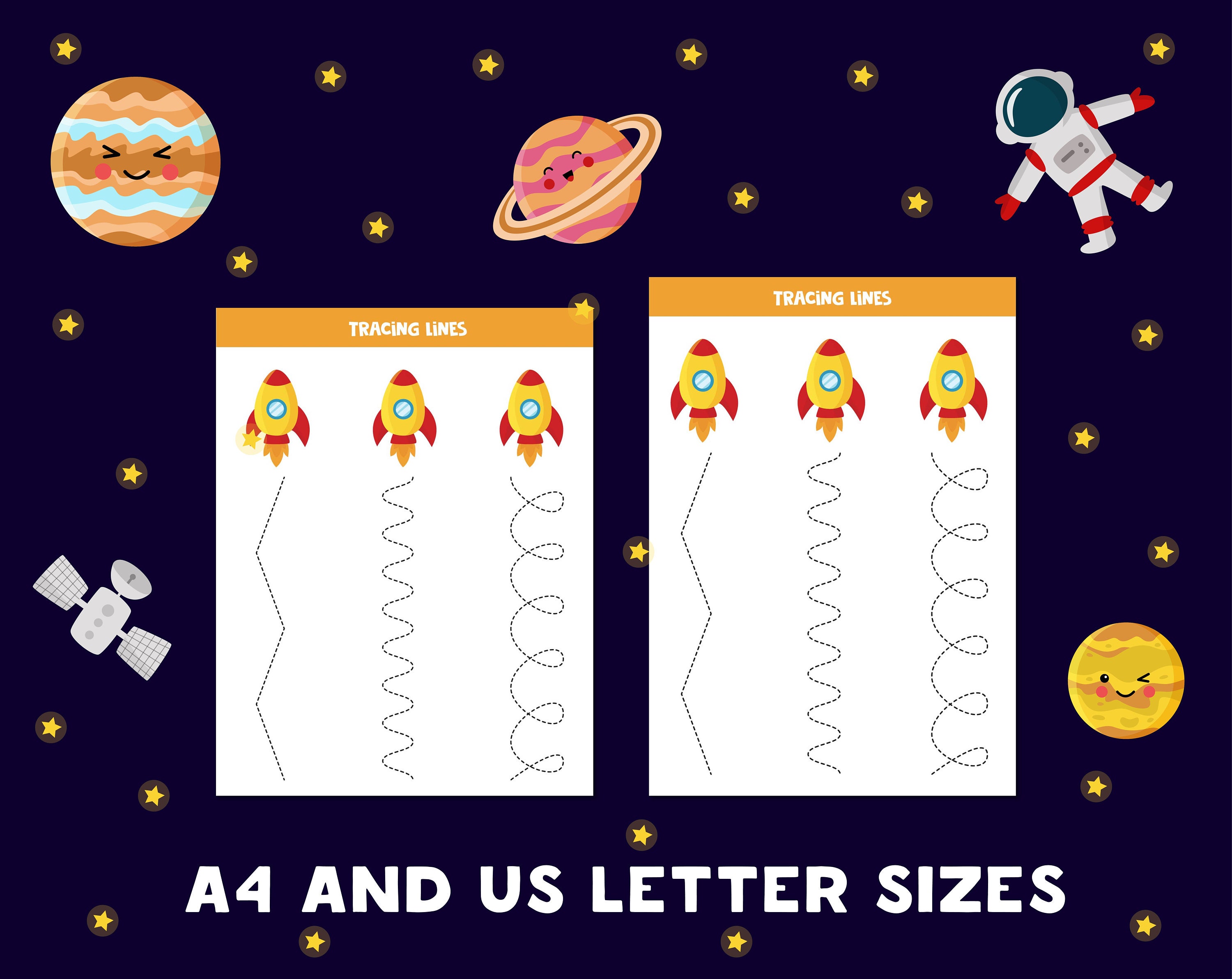 Space themed tracing lines for kids. Handwriting practice for | Etsy