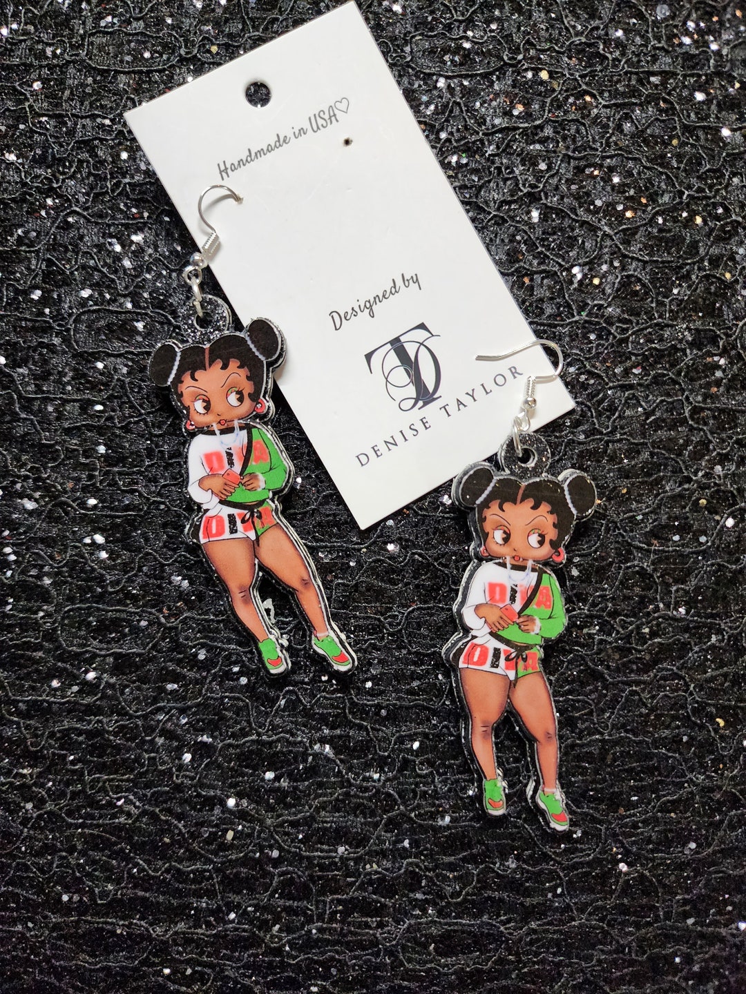Handmade Betty Boop Diva White and Green Earrings | Dangle & Drop ...